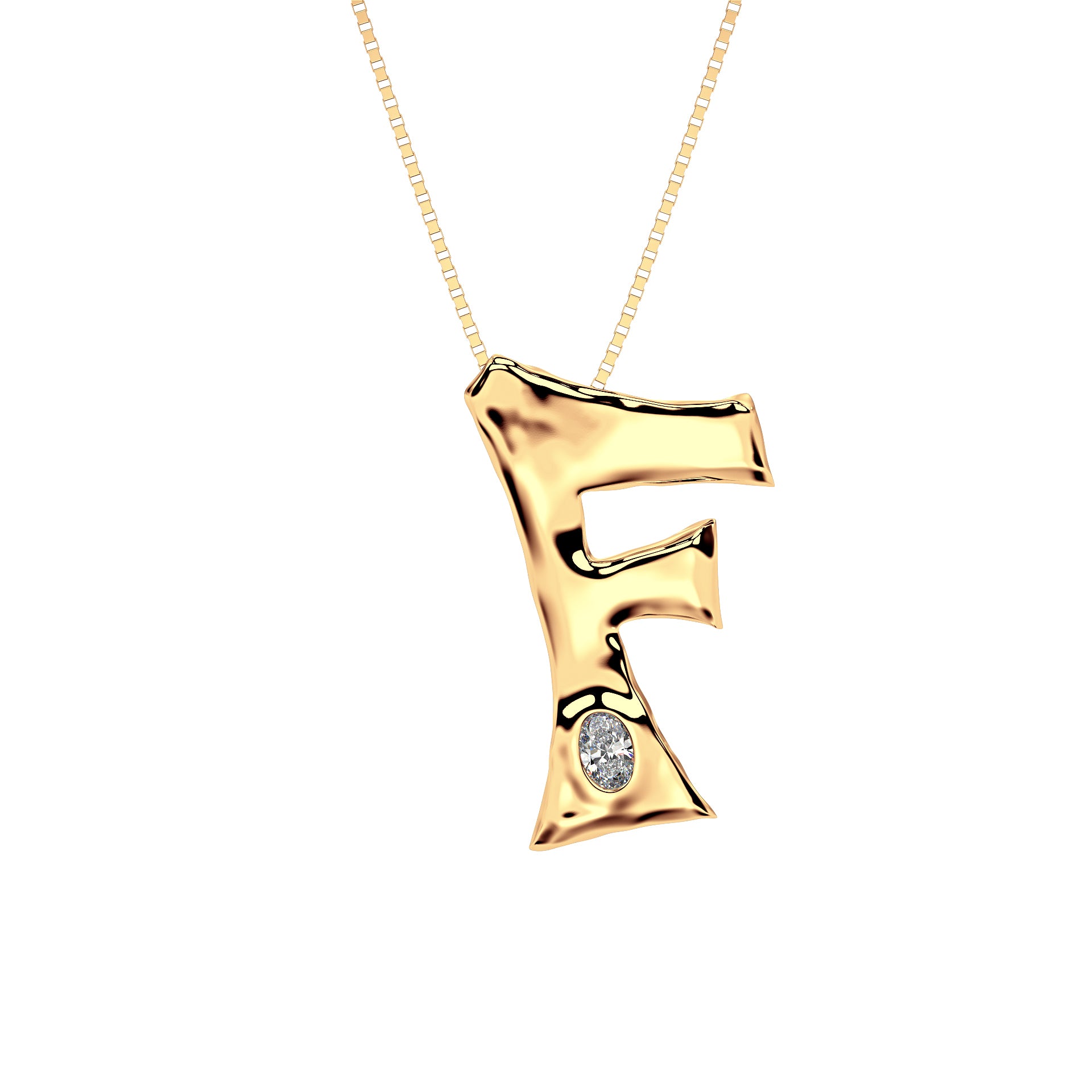 Letter F Necklace in 14K Yellow Gold with Oval Lab Diamond