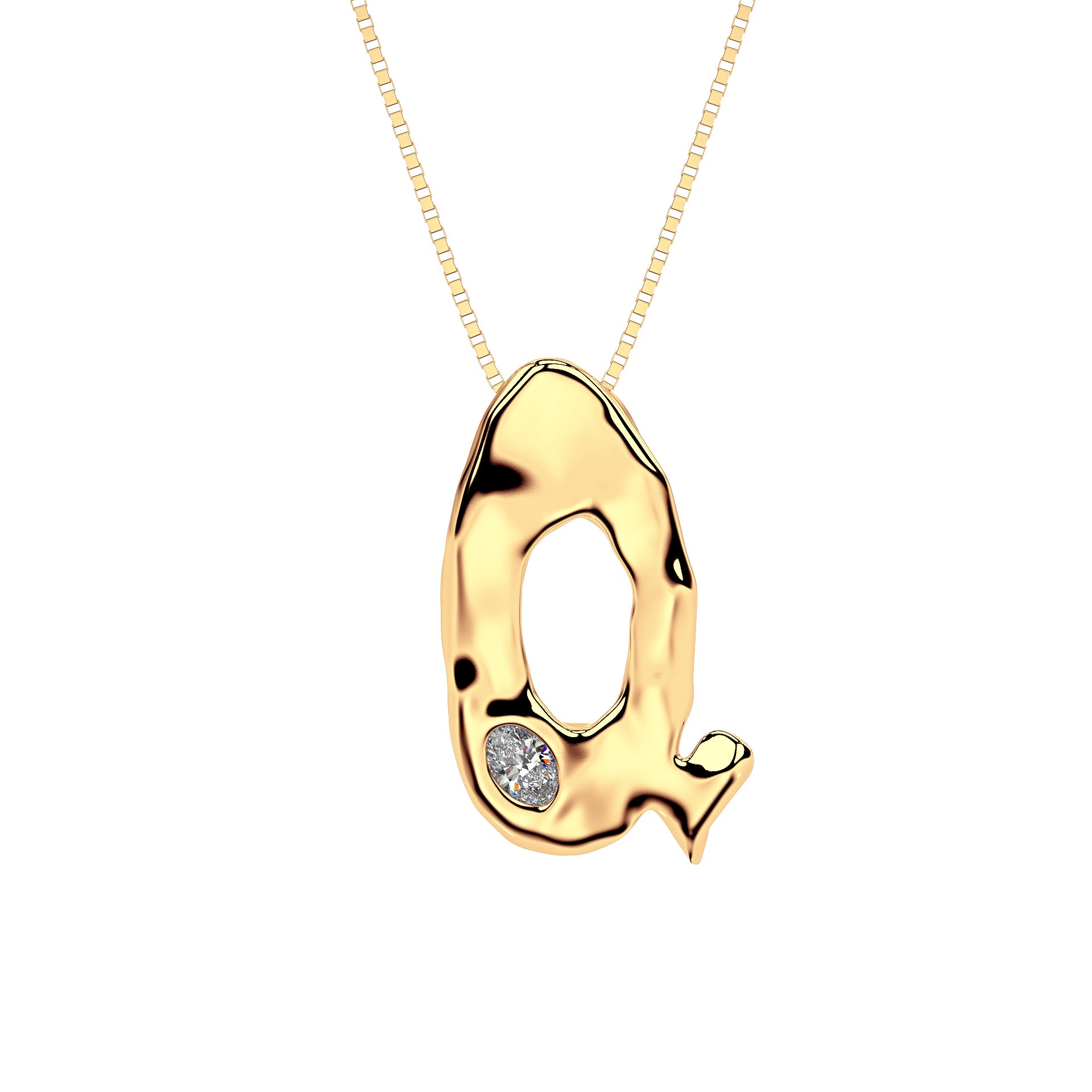 Letter Q Necklace in 14K Yellow Gold with Oval Lab Diamond