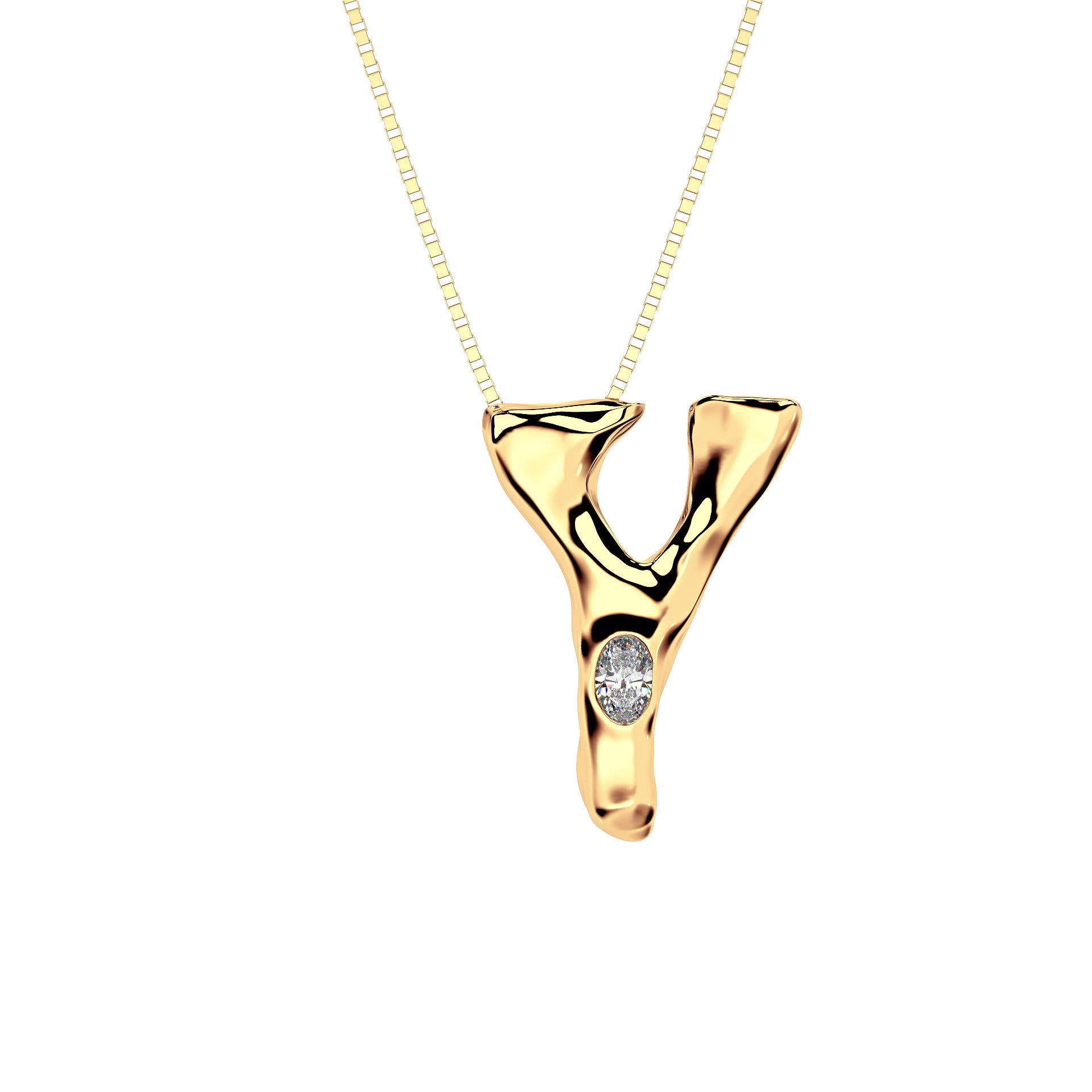 Letter Y Necklace in 14K Yellow Gold with Oval Lab Diamond